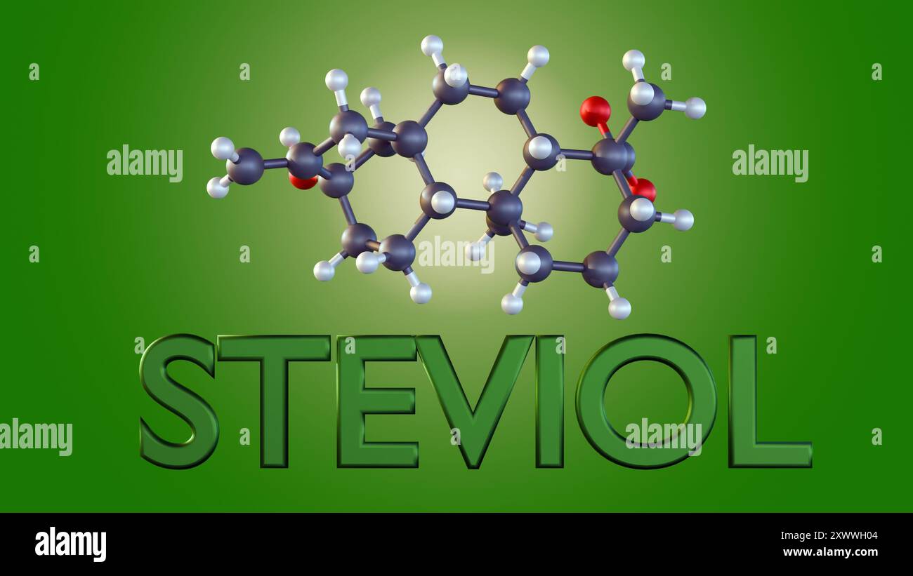 A 3d rendering of letter "STEVIOL" with structure of steviol molecules ...