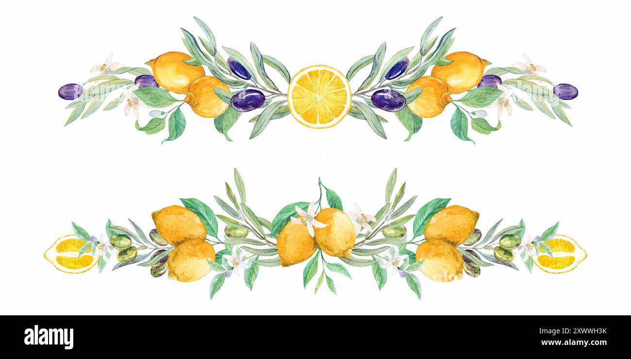 Horizontal composition of fruits in Provence style. A watercolor ...