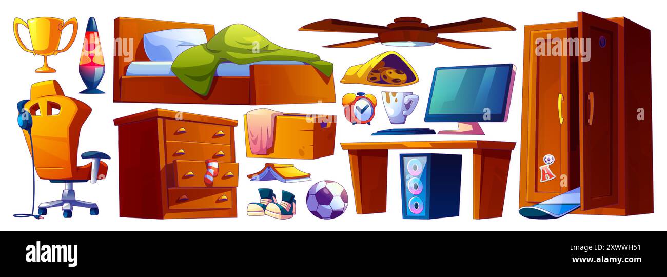 Messy teen boy bedroom furniture set isolated on white background ...