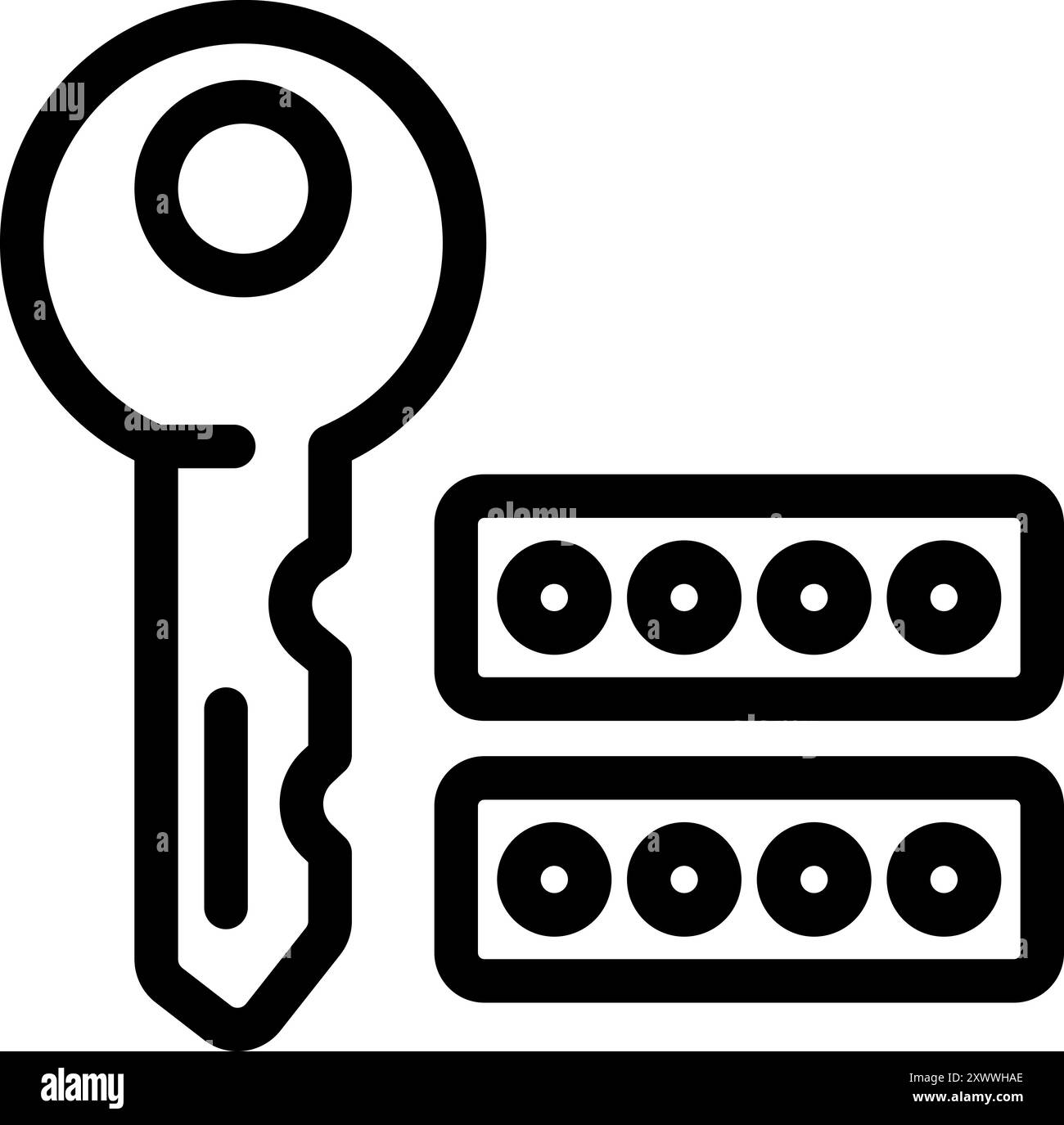 Simple black and white vector icon of a key unlocking a two factor authentication system Stock ...