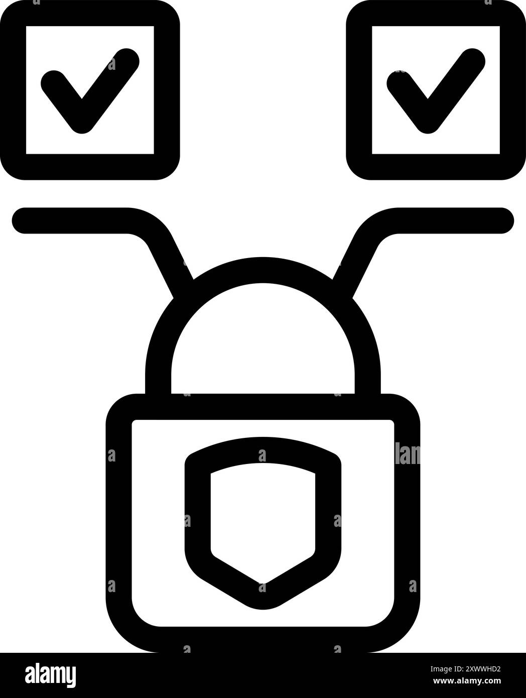 Padlock with a shield is verifying access with two checkmark icons, representing a secure two ...