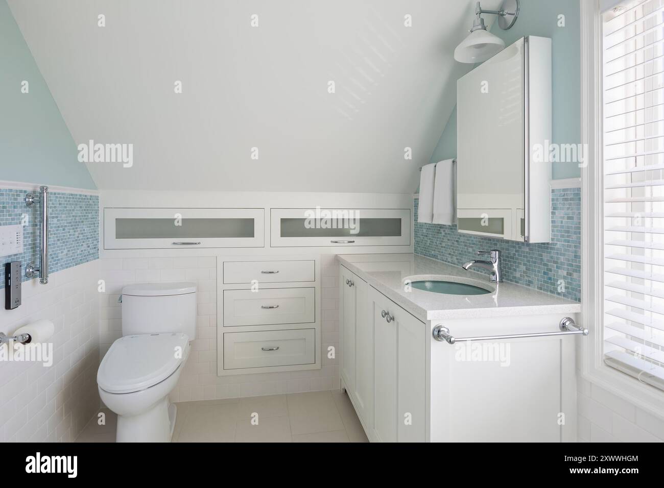 Newly remodeled second floor bathroom showing vanity and built-in ...