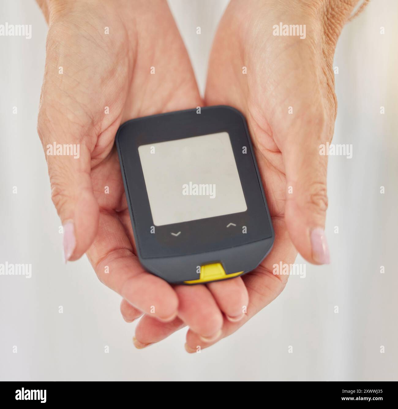 Glucometer, test and hands with screen in home for blood, stats and ...