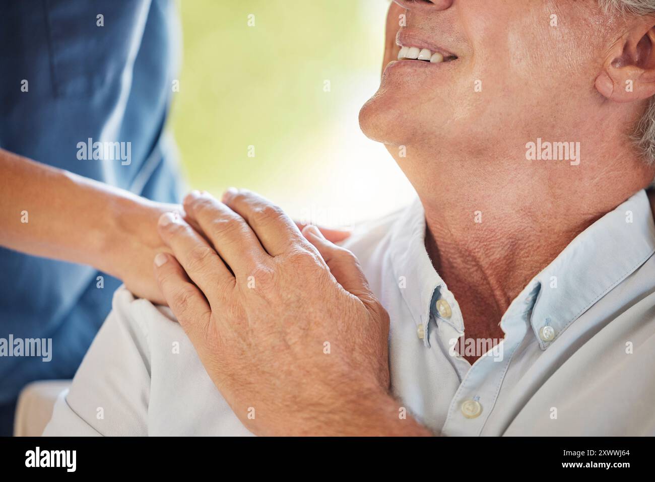 Senior care, nurse and elderly man holding hands with smile, trust and ...