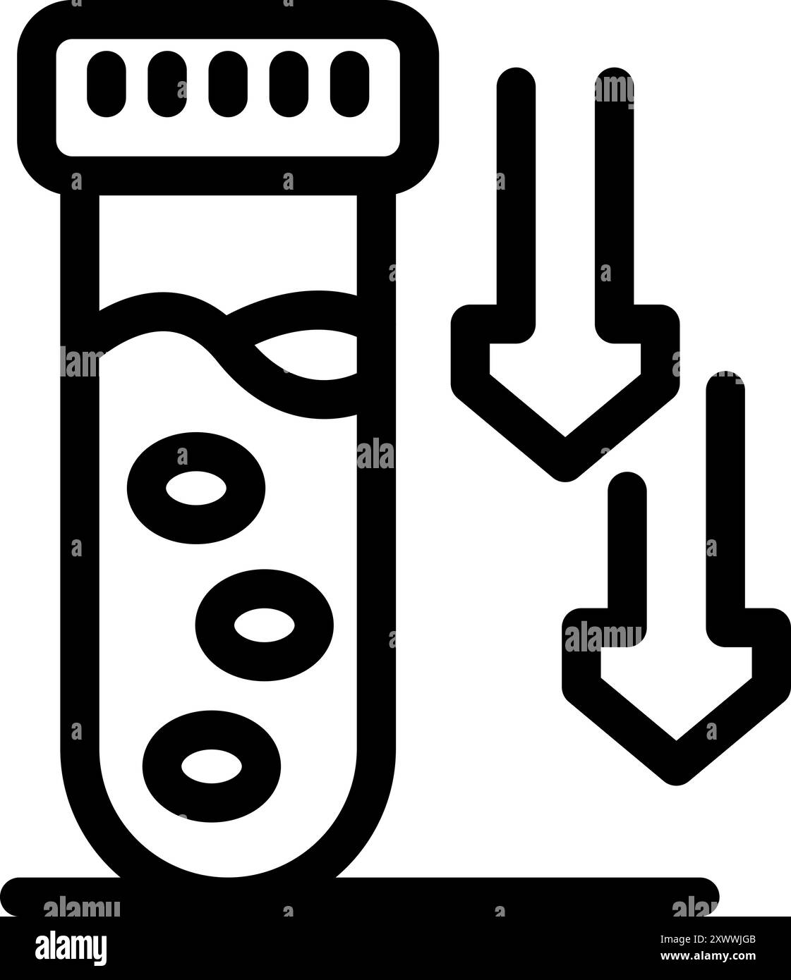 Medical icon of a blood test tube showing low levels with red blood ...
