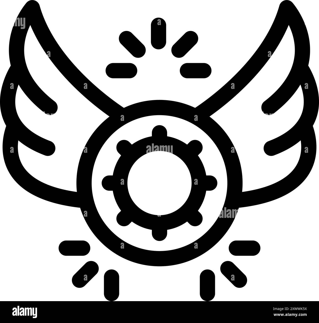 Line art style icon of a gear wheel with angel wings representing an ...