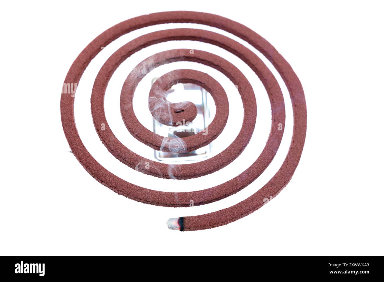 A mosquito coil with smoke coming out of it. The object is circular and ...