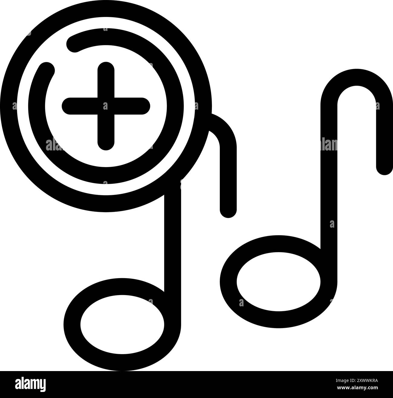 Simple black and white icon of a plus sign adding a music note to a ...