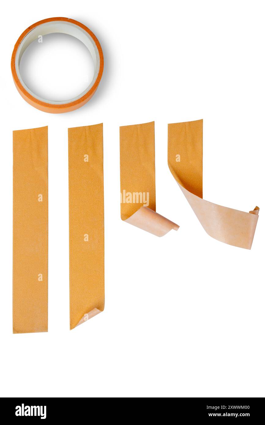 A roll of tape is shown next to a white background. The tape is orange ...