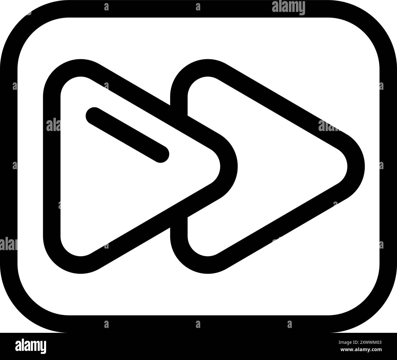 Simple black and white vector icon of two triangles pointing right, symbolizing fast forwarding ...