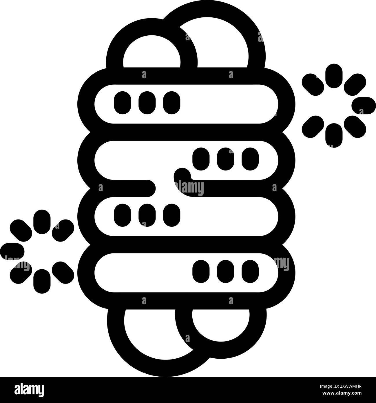 Simple bold outline icon of a server rack with loading symbol for cloud ...