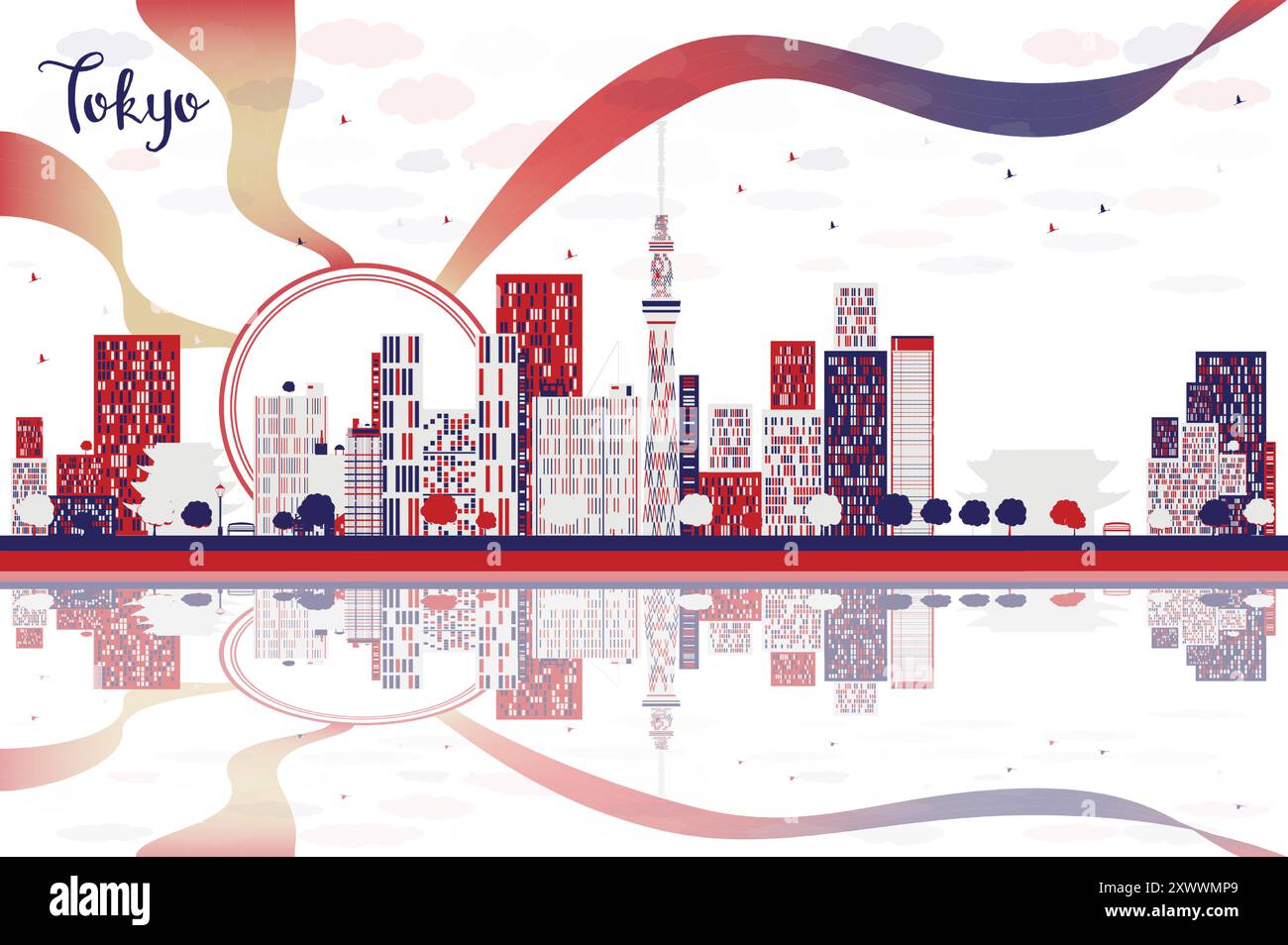 Tokyo Japan city skyline with skyscrapers, sun and reflections. Vector ...