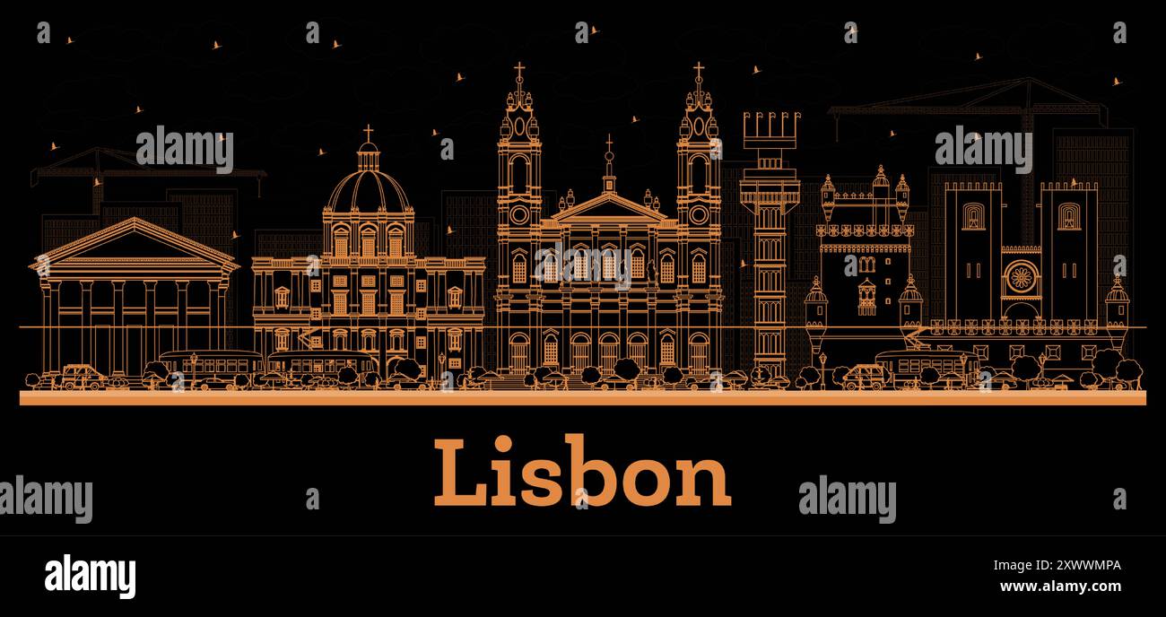 Outline Lisbon Portugal City Skyline with orange Buildings. Vector ...