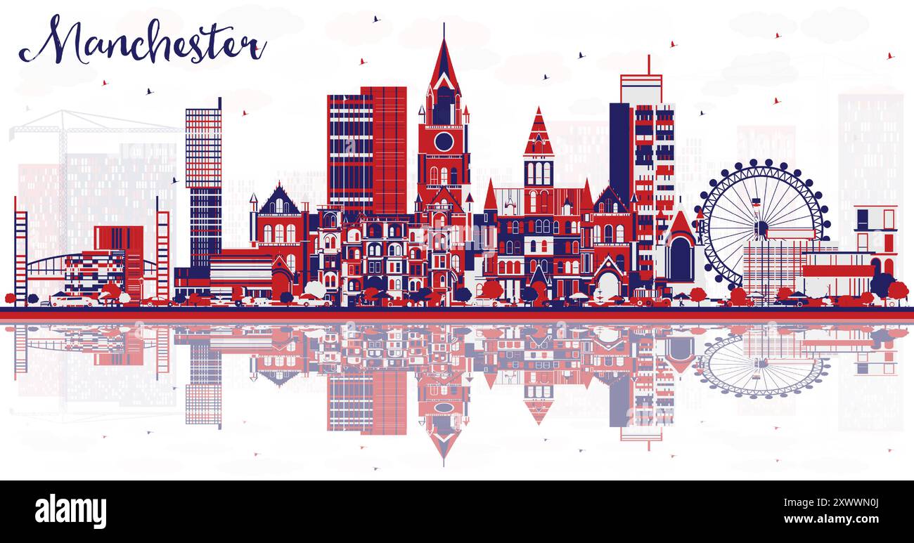 Abstract Manchester city skyline with color buildings and reflections ...