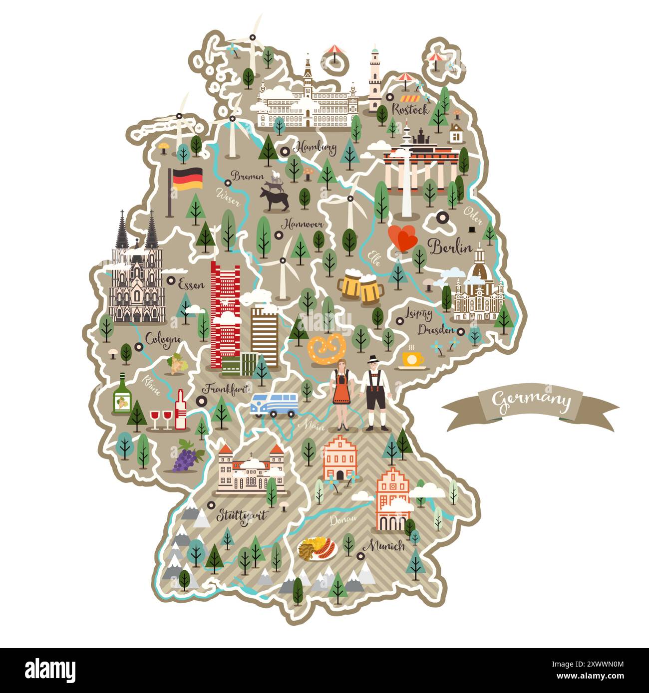 Stylized map of Germany. Vector illustration. German symbols, car, wine, pretzel, mountains and ...