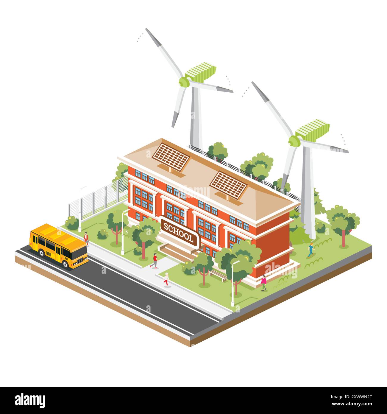 Isometric School Building with Solar Panels and Wind Turbine Isolated ...