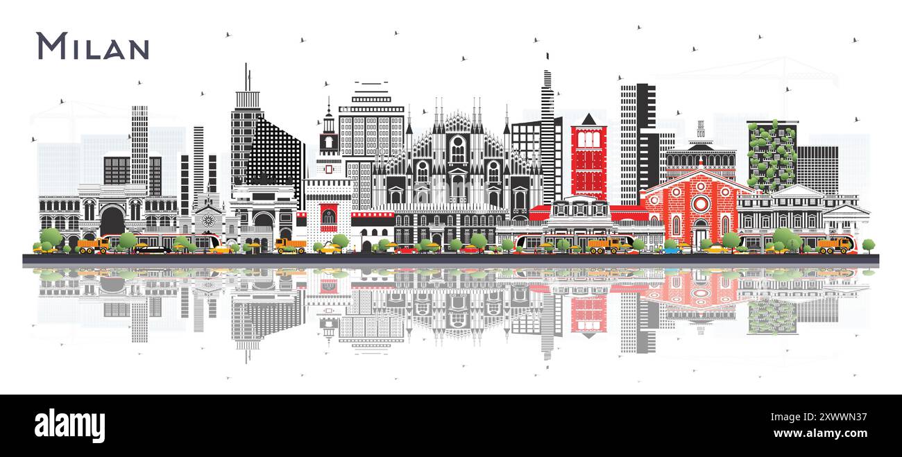 Milan Italy City Skyline with Color Buildings and reflections Isolated ...