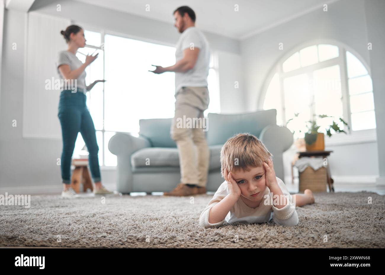 Sad, kid and parents fighting in home for infidelity, cheating or ...