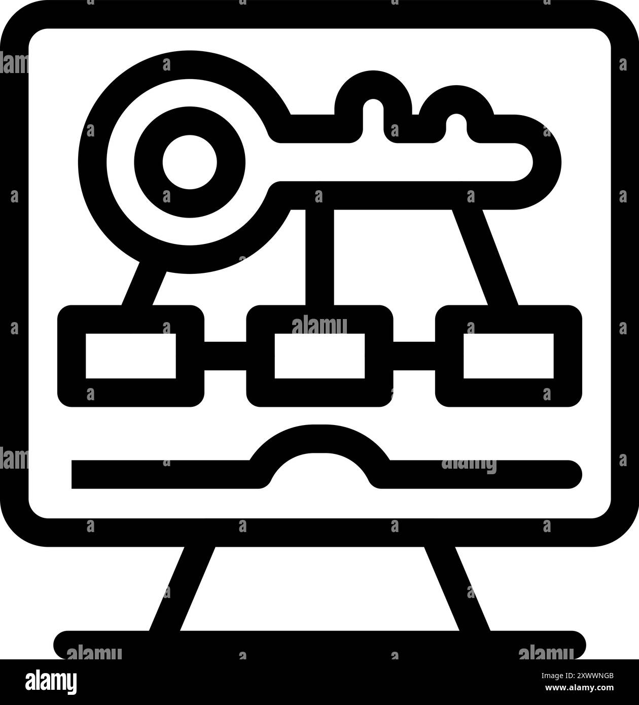 Computer screen displaying a key unlocking a chain of data blocks ... Computer screen displaying a key unlocking a chain of data blocks ...