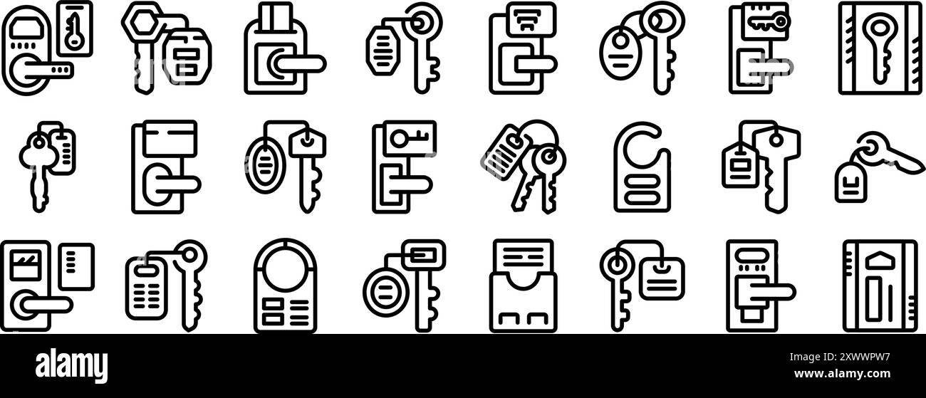 Door key hotel room icons set. Hotel key icon set. Reception desk ...
