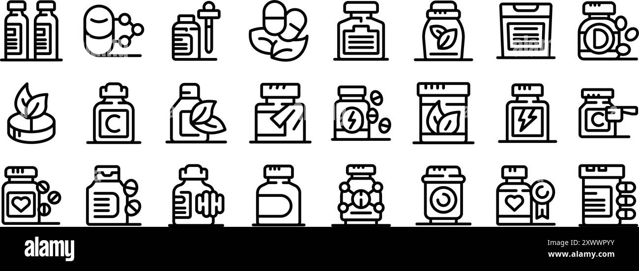 Bottle vitamin supplement icons set. Big set of simple black thin line ...