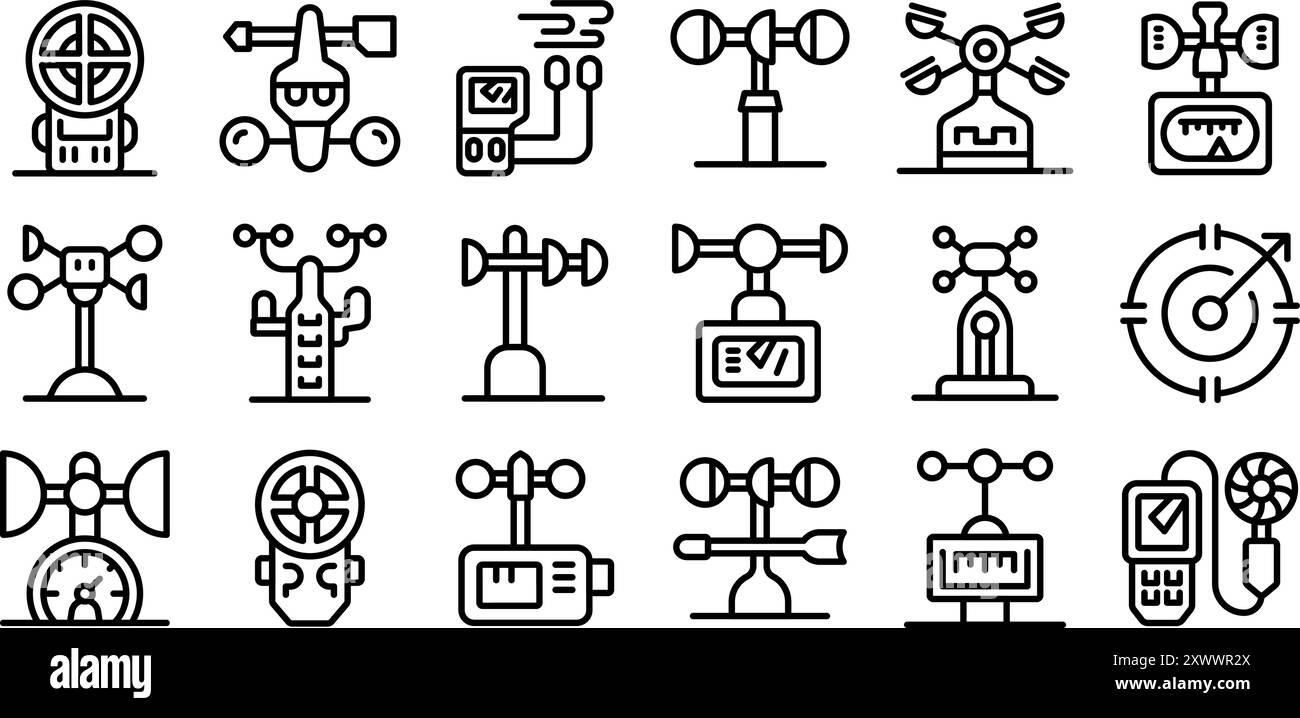 Anemometer icons set. Anemometer measuring wind speed and direction ...