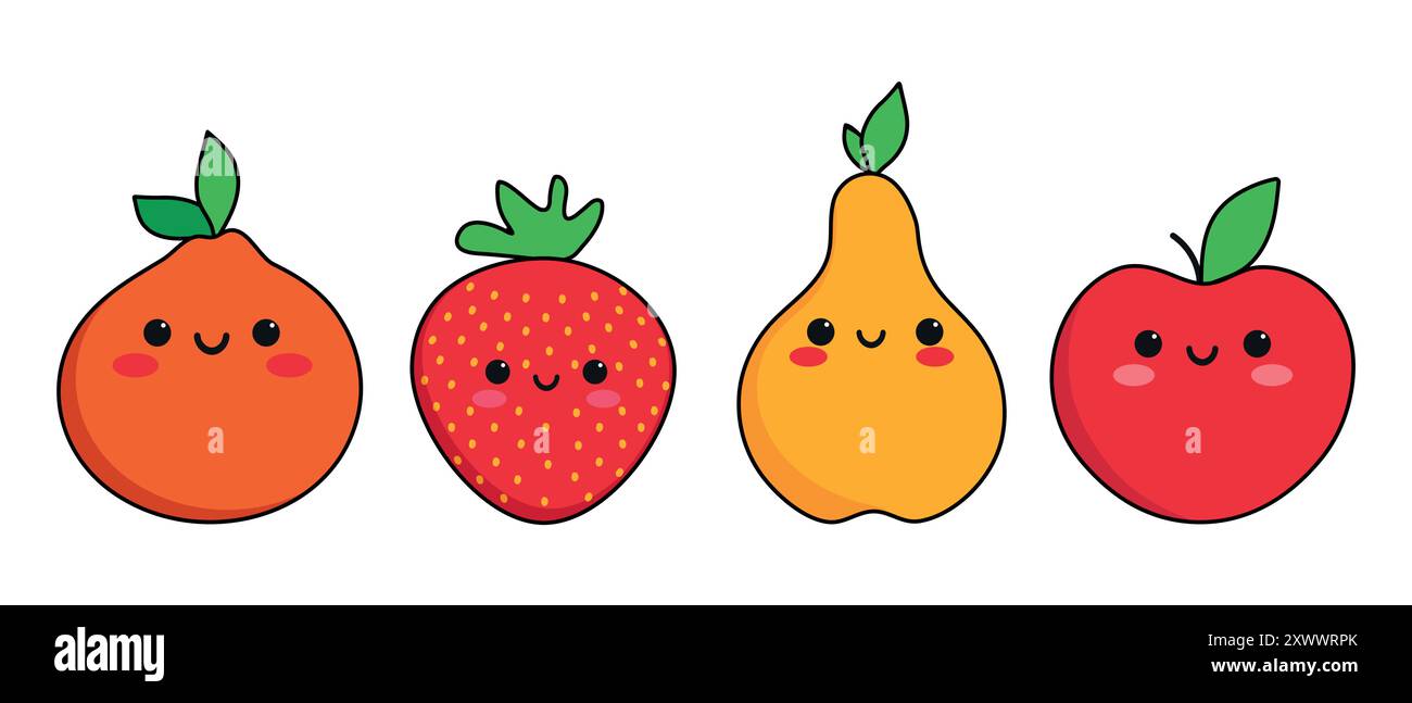 Cute cartoon smiling fruit characters set in childish style. Fruit ...
