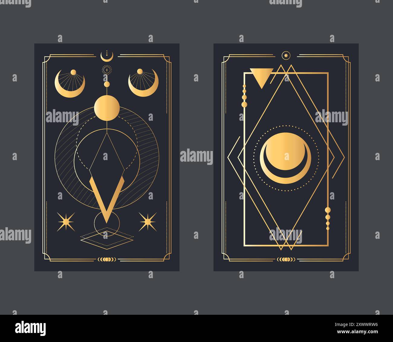 Golden magical tarot cards with geometric shapes, stars and crescents. Mystery, astrology ...