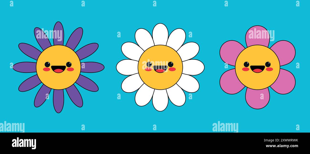Cute cartoon smiling flower characters in childish style. Happy daisy ...