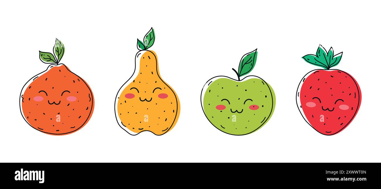 Cute simple smiling fruit characters set. Line fruits orange ...