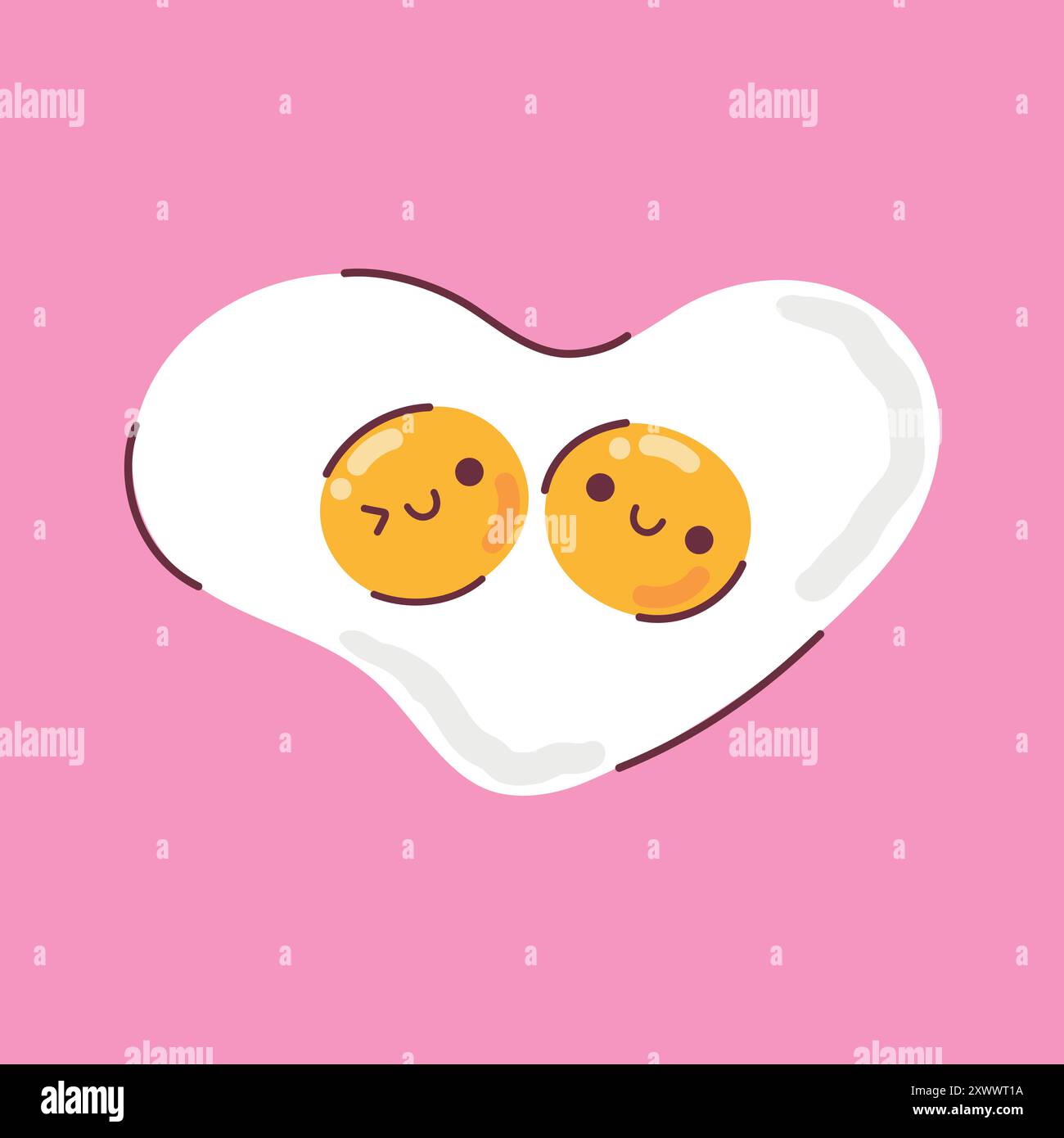Couple of cute yolks in heart shaped fried egg. Happy kawaii cartoon eggs in childish style ...