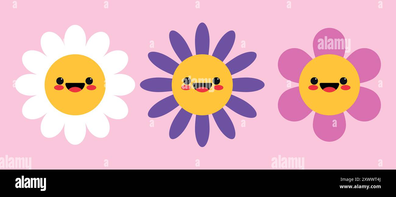 Cute cartoon smiling flower characters in childish style. Happy flower ...