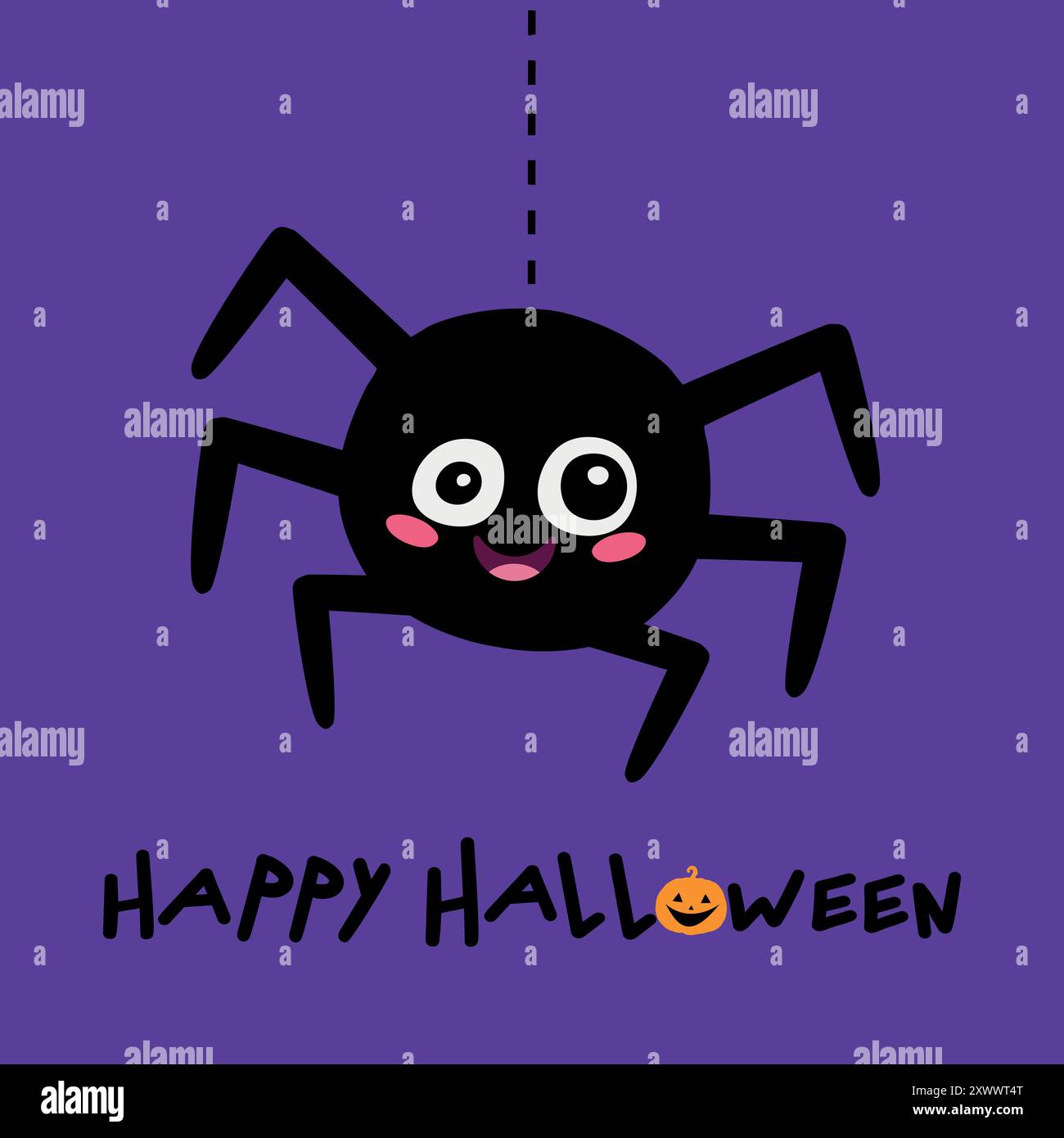 Happy Halloween greeting card with a cute spider hanging on a web ...
