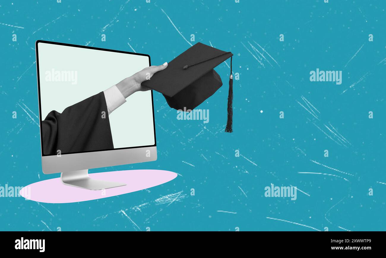 A hand in a graduation gown extends out from a computer screen ...