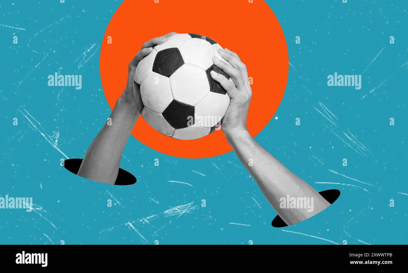 Modern art collage depicting a hand holding a soccer ball on a blue ...