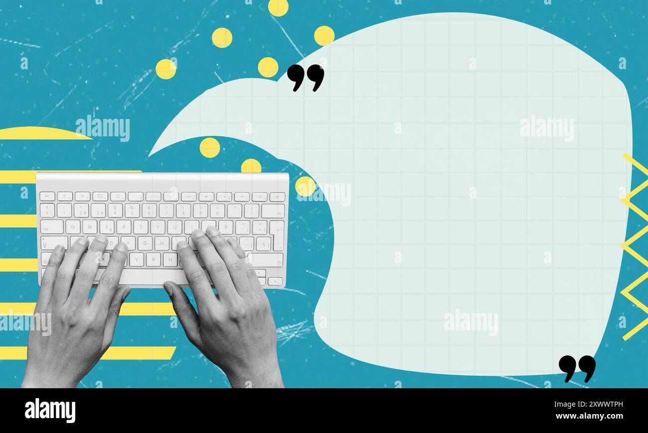 Contemporary art collage depicting hands on a keyboard with message ...
