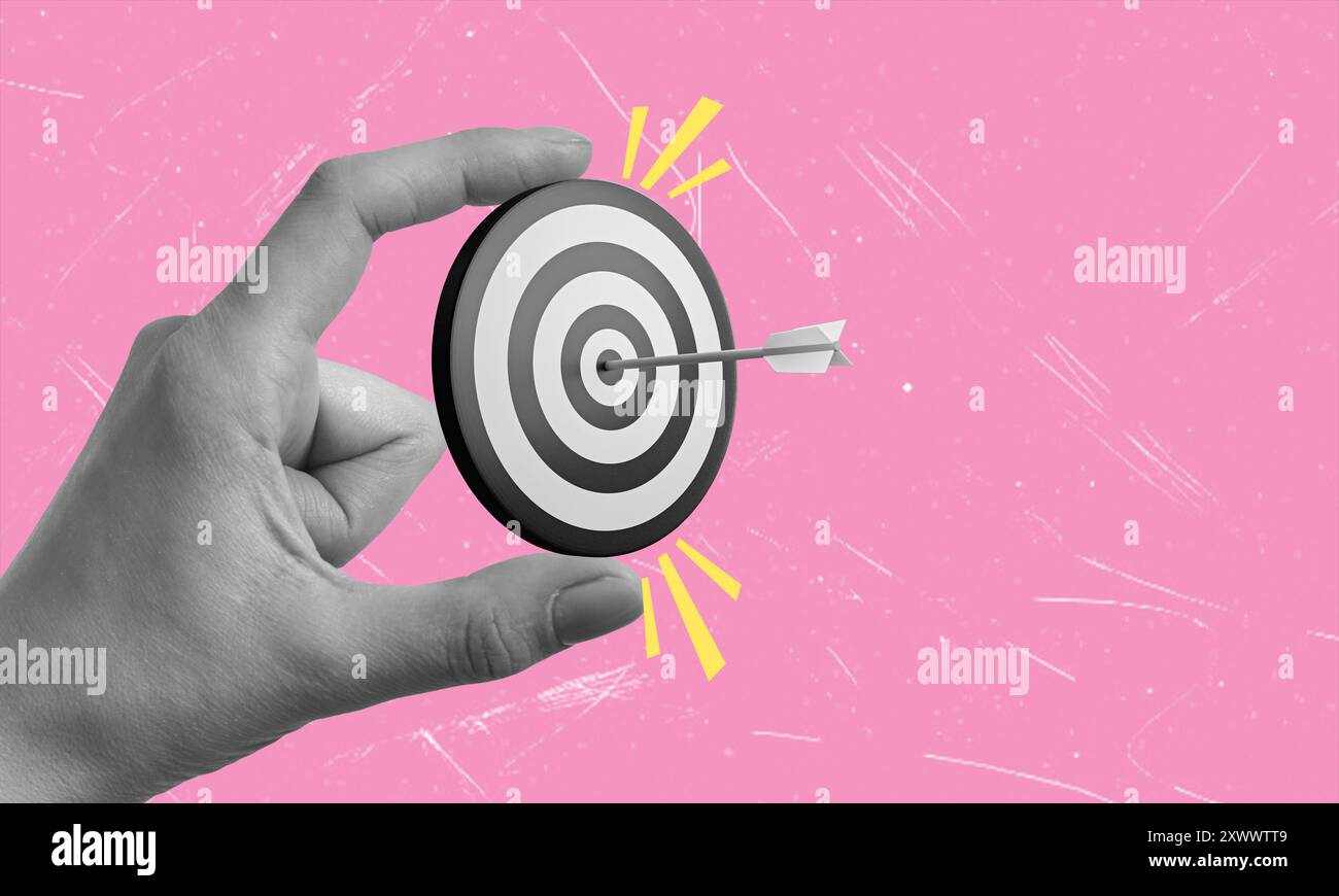 Contemporary art collage art depicting a hand holding a target. Concept ...