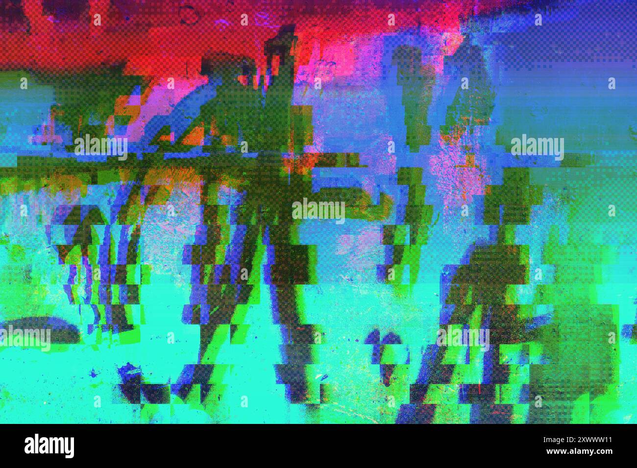 Abstract glitch art with green, pink, and blue fragmented pixelated ...
