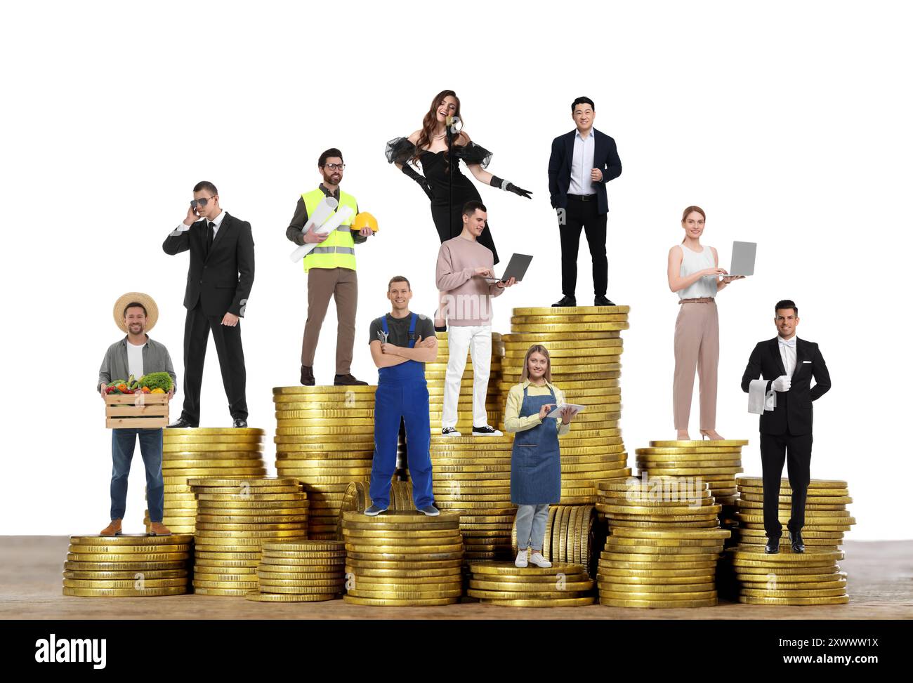 People of various professions on stacks of coins of different height ...