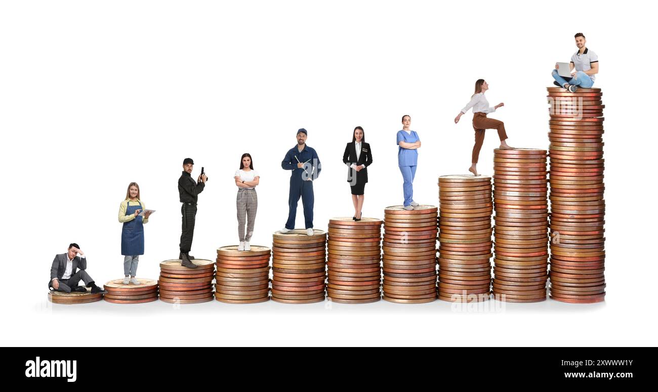 People of various professions on stacks of coins of different height ...
