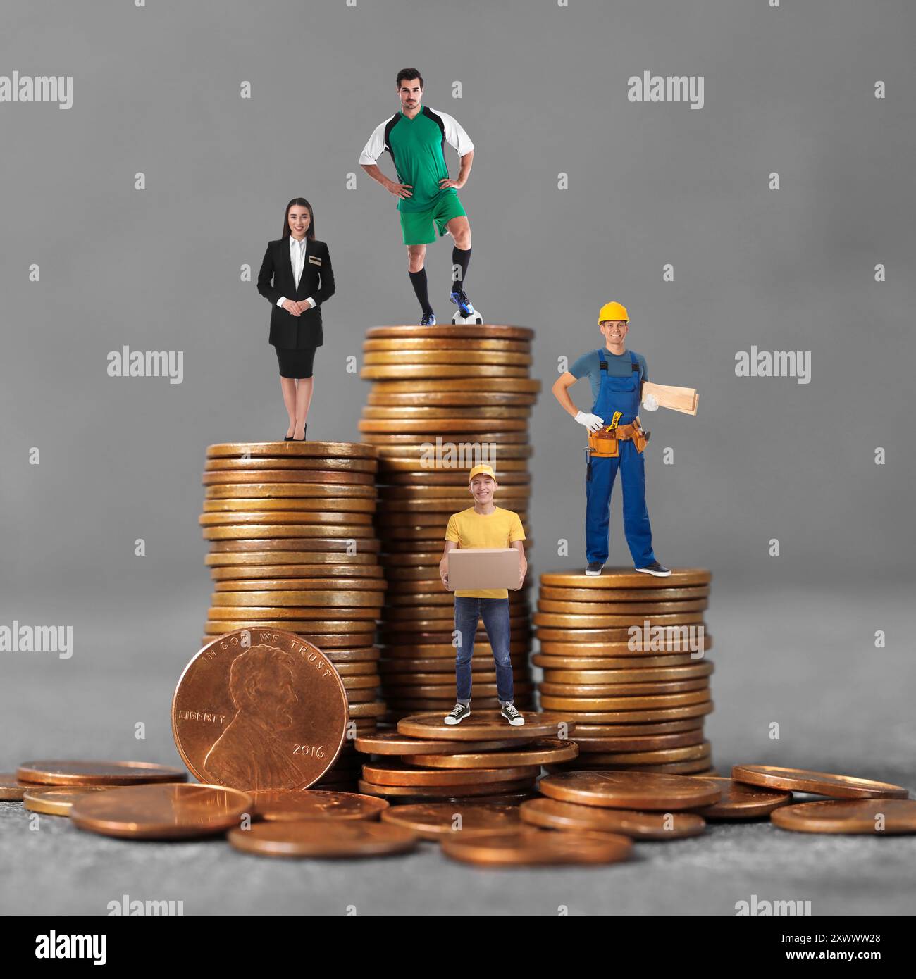 People of various professions on stacks of coins of different height ...