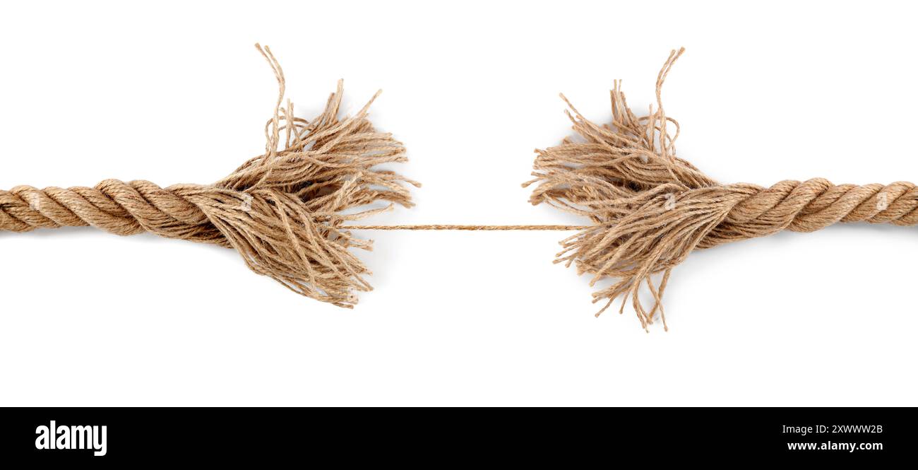 One string connecting almost torn rope isolated on white Stock Photo ...