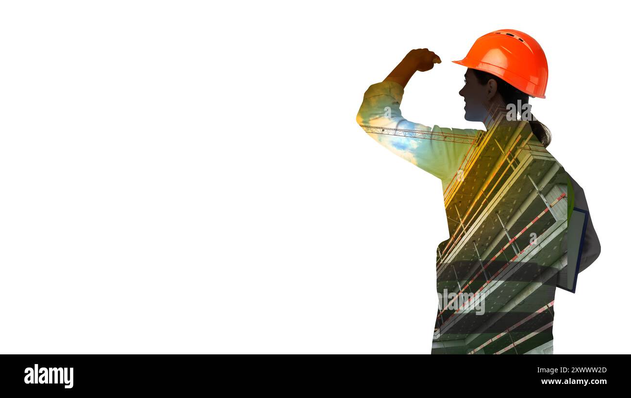 Engineer and unfinished building on white background, double exposure ...