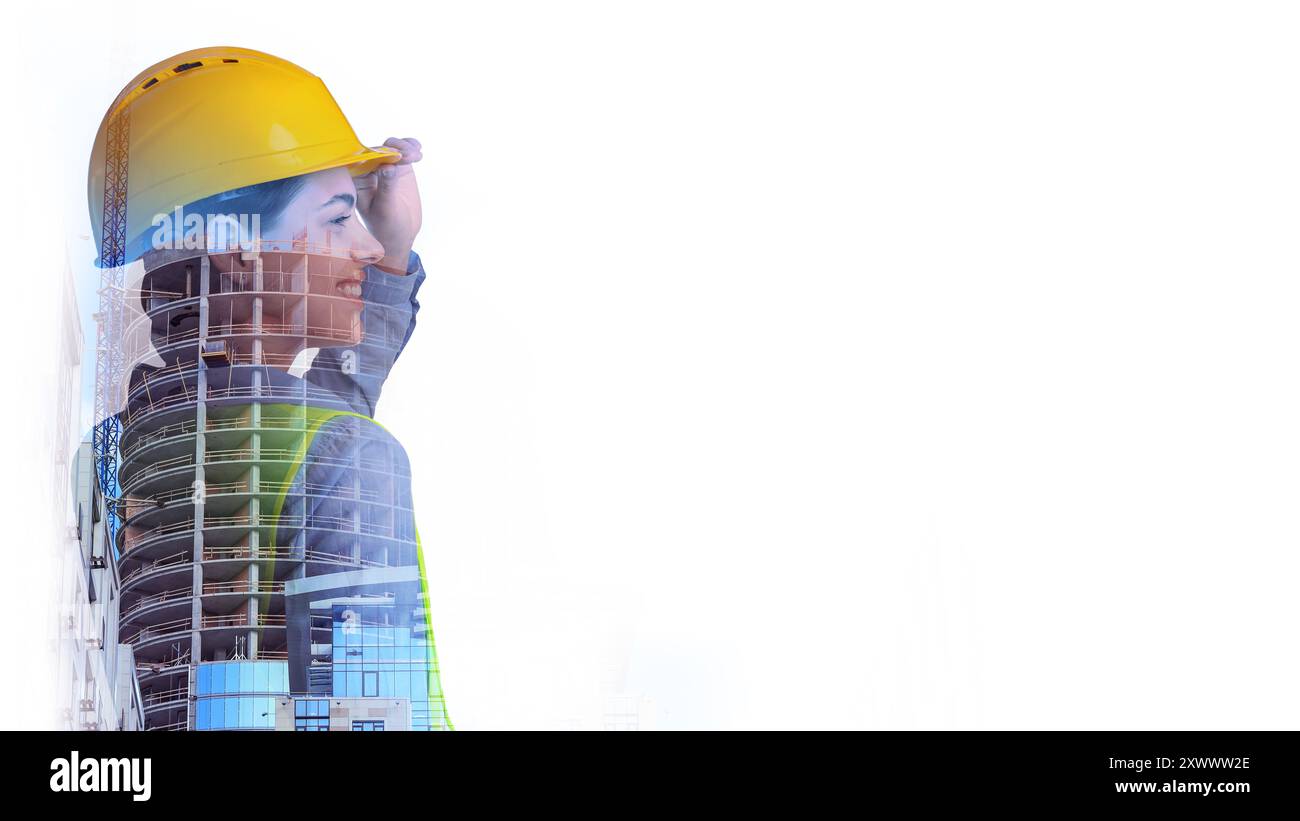 Engineer and unfinished building on white background, double exposure ...