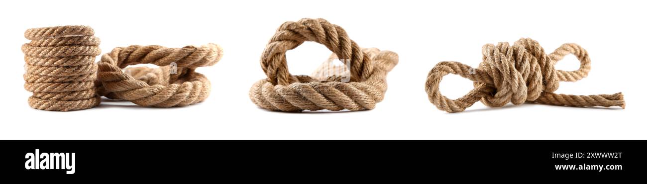 Collage with rough ropes isolated on white Stock Photo - Alamy