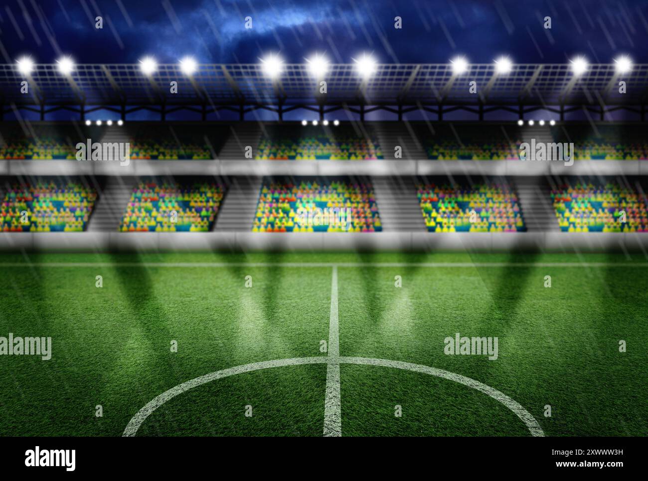 Football stadium with seats, illumination and green grass Stock Photo ...