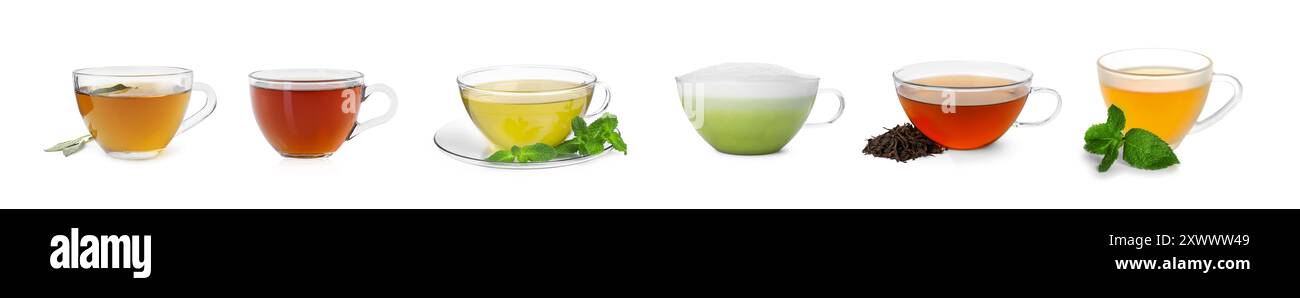 Different types of tea in glass cups isolated on white, set Stock Photo ...