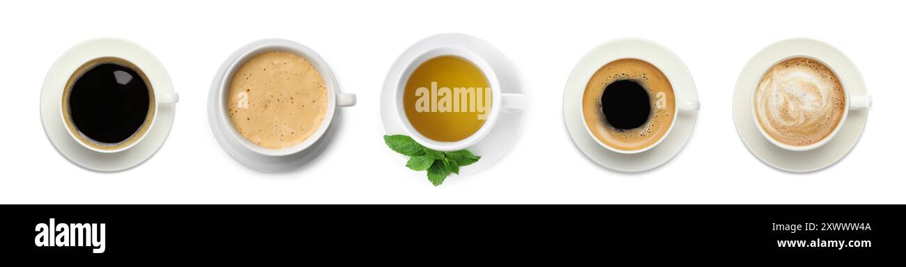 Coffee and other beverages in cups isolated on white, set. Top view ...