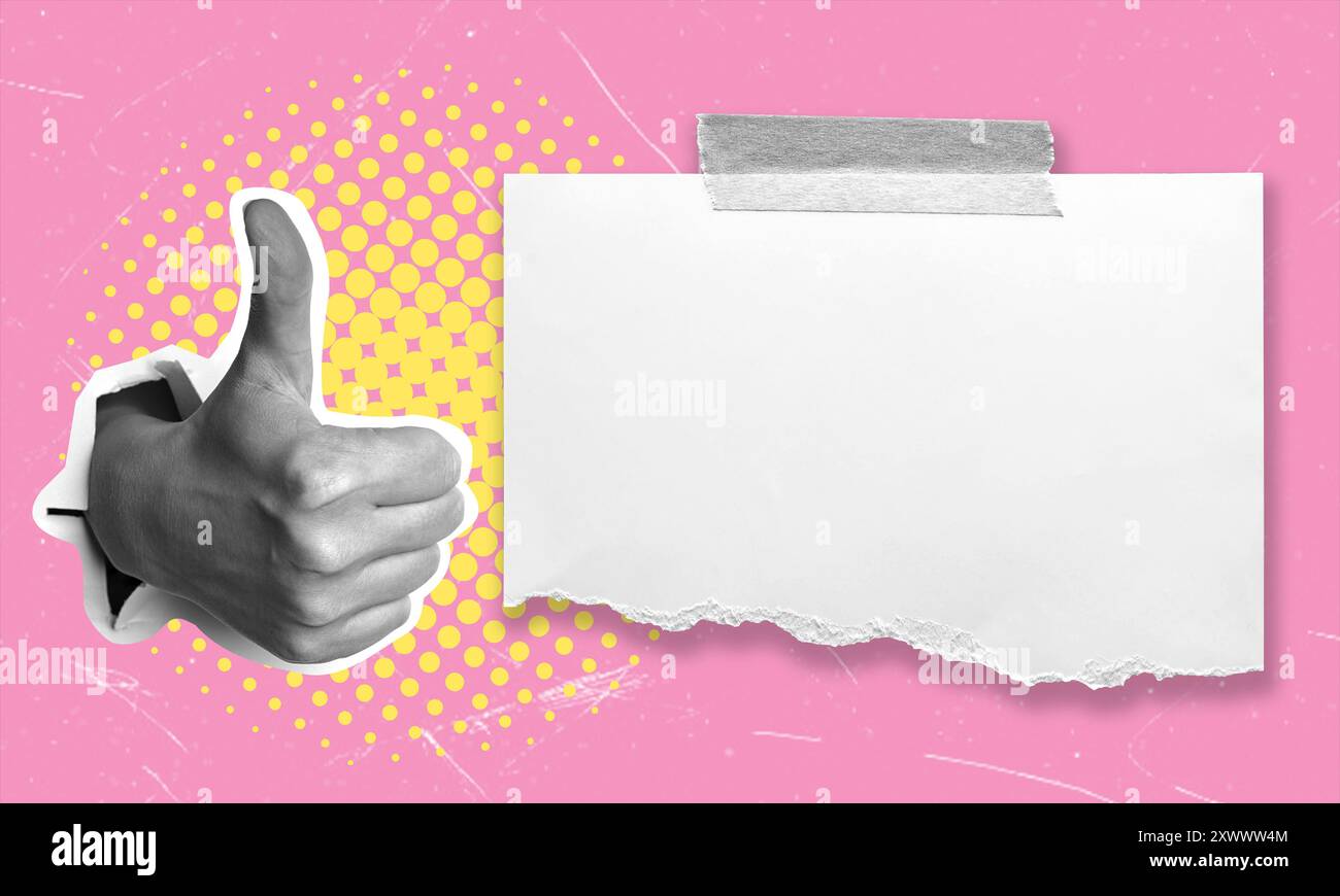 Female hand showing thumbs up gesture, on pink background, art collage ...