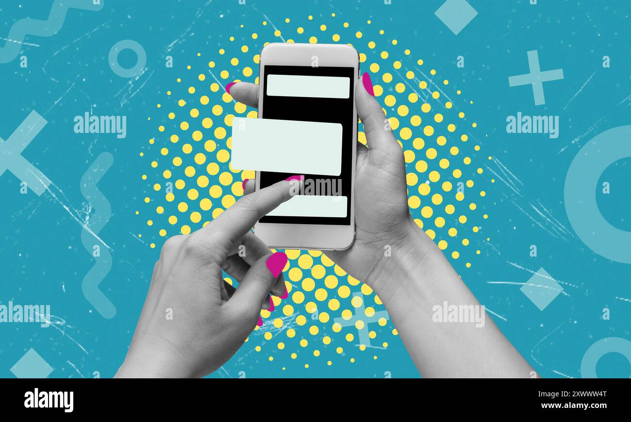 Modern art collage showing hand with phone and message on blue ...